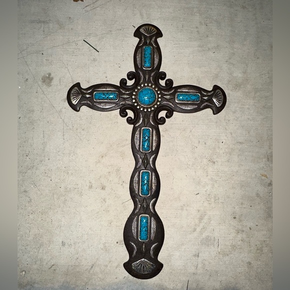 Source Unknown | Other | Blue Gem Black Metal Cross | Poshmark